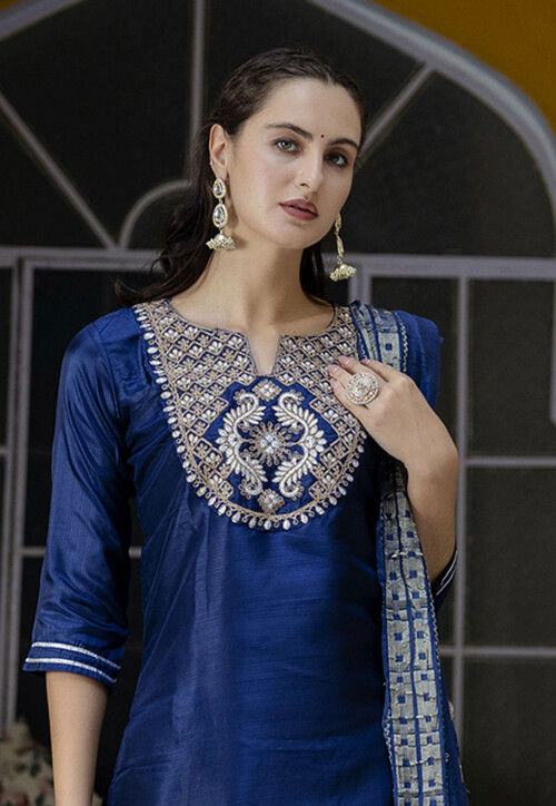 Buy Embroidered Cotton Silk Pakistani Suit in Blue Online : KRD458 ...