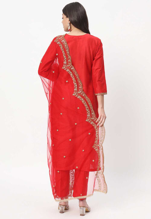 Buy Embroidered Cotton Silk Pakistani Suit in Red Online : KNV520 ...