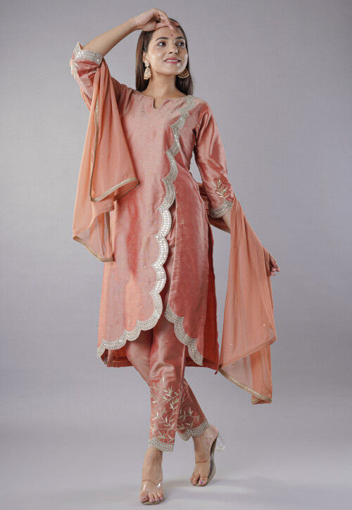 Buy Embroidered Cotton Silk Pakistani Suitin Peach Online : KUR220 ...