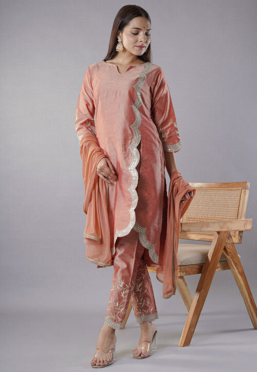 Buy Embroidered Cotton Silk Pakistani Suitin Peach Online : KUR220 ...