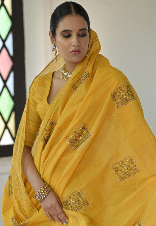 Buy Embroidered Cotton Silk Saree in Yellow Online : SCGA362 - Utsav ...
