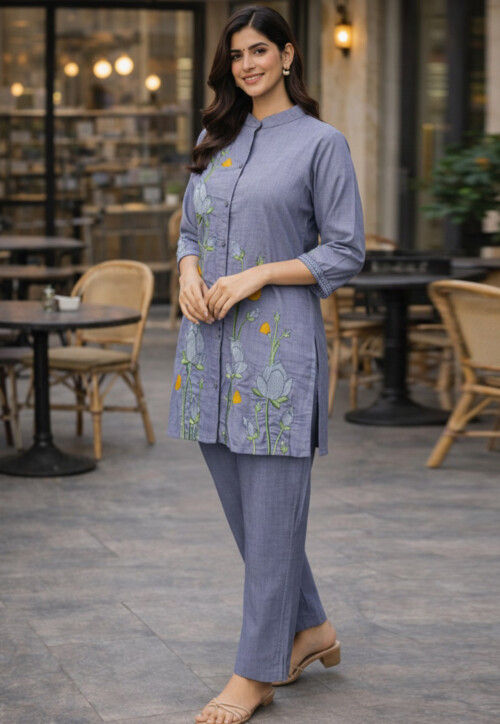 Buy Embroidered Cotton Tunic Set in Dusty Blue Online : TYJ111 - Utsav ...