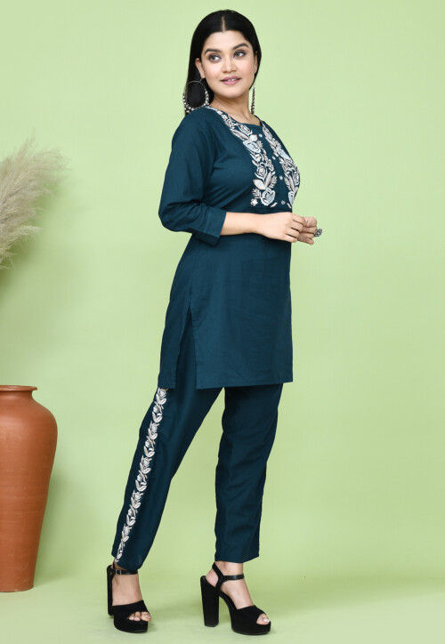 Buy Embroidered Cotton Tunic Set in Teal Blue Online : TUF1662 - Utsav ...