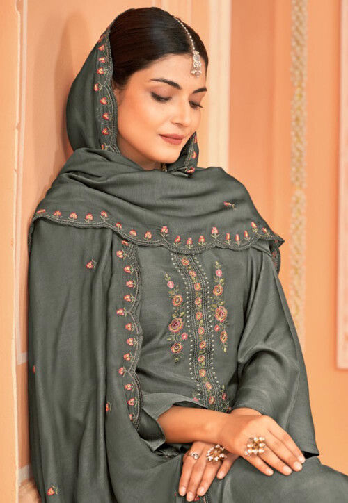 Buy Embroidered Crepe Pakistani Suit in Dark Grey Online : KJR844 ...