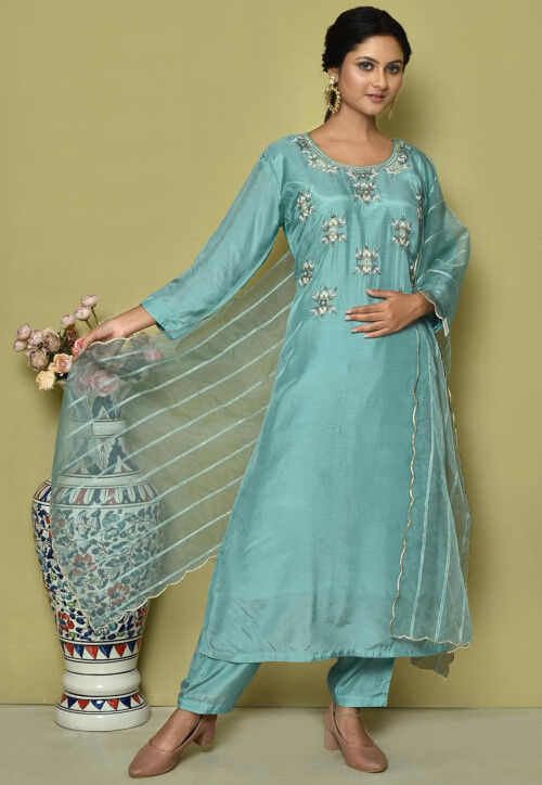 Buy Embroidered Crepe Silk Pakistani Suit in Turquoise Online : KWU40 ...