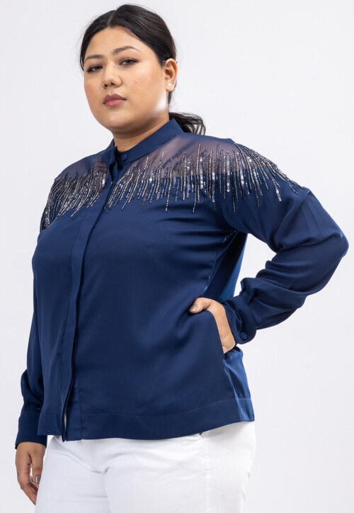 Buy Embroidered Crepe Top in Navy Blue Online : TRX49 - Utsav Fashion