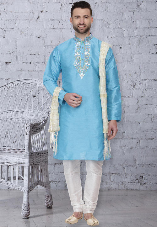 Buy Embroidered Dupion Silk Kurta Set in Light Blue Online : MVE577 ...