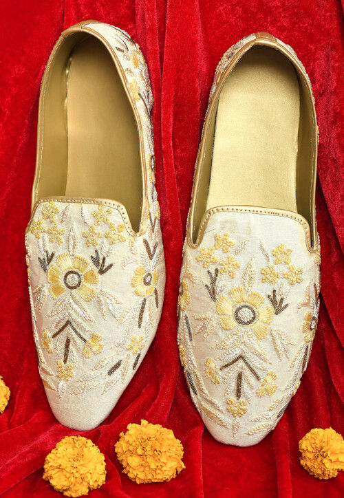 Buy Embroidered Dupion Silk Men Mojari in Cream Online : DND34 - Utsav ...