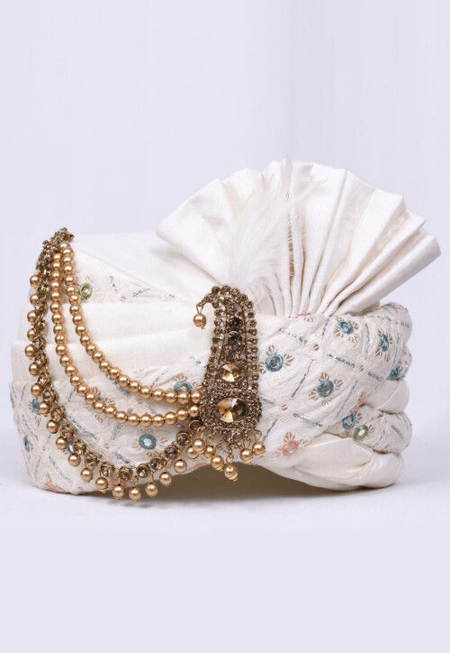 Buy Embroidered Dupion Silk Turban in Off White Online : MTX1766 ...