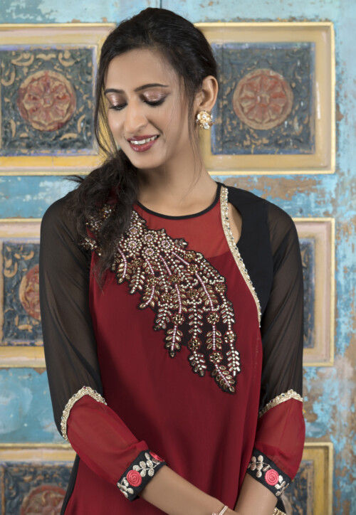 Buy Embroidered Georgette A Line Kurta in Maroon Online : TNC2120 ...