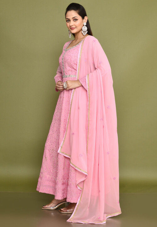 Buy Embroidered Georgette Abaya Style Suit in Baby Pink Online ...