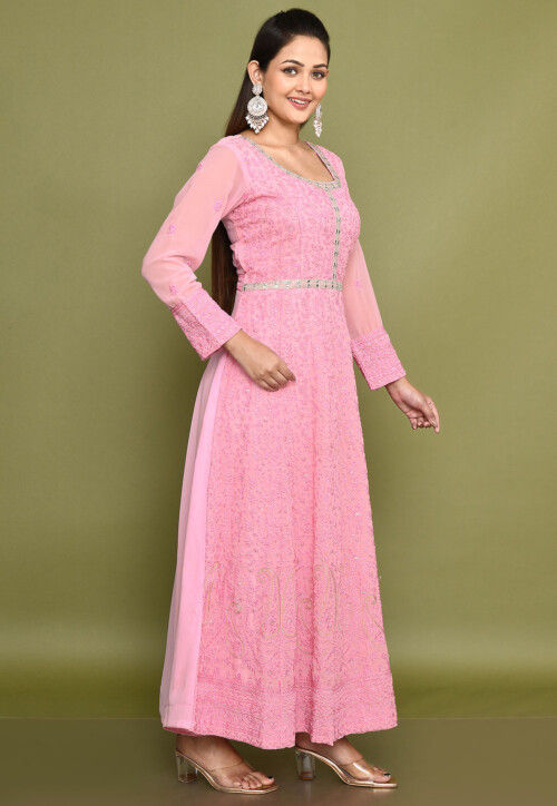 Buy Embroidered Georgette Abaya Style Suit in Baby Pink Online ...
