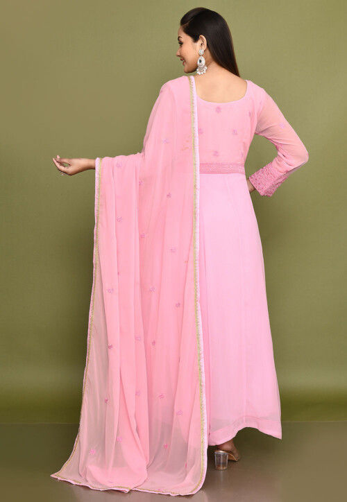Buy Embroidered Georgette Abaya Style Suit in Baby Pink Online ...