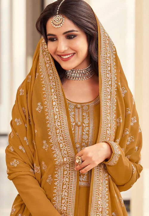 Buy Embroidered Georgette Abaya Style Suit in Mustard Online : KCH10538 ...