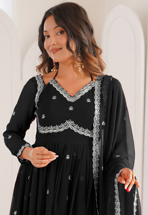 Buy Embroidered Georgette Abaya Style Suit in Black Online : KVG900 ...
