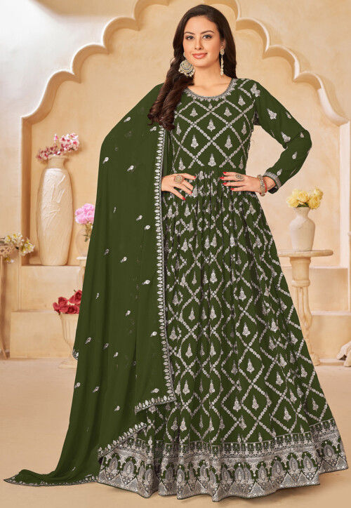 Buy Embroidered Georgette Abaya Style Suit in Olive Green Online ...