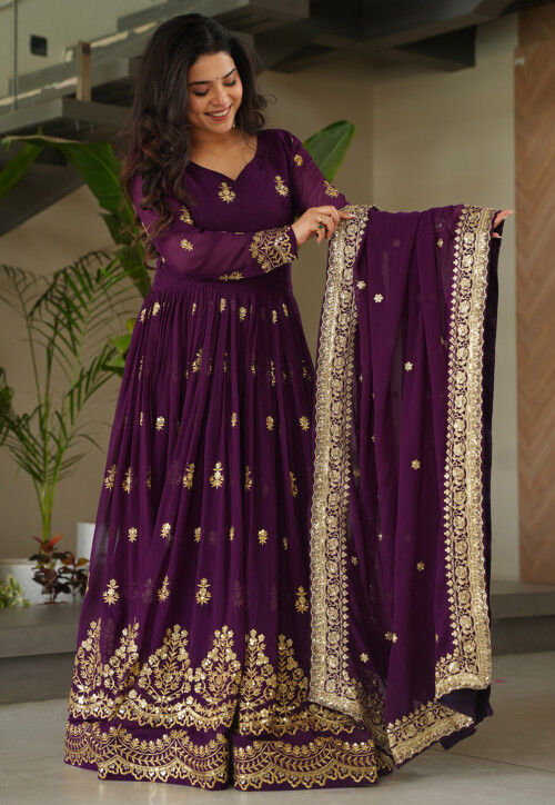 Buy Embroidered Georgette Abaya Style Suit in Purple Online : KQU5403 ...