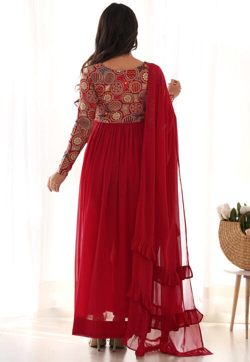 Buy Embroidered Georgette Abaya Style Suit in Red Online : KNR350 ...
