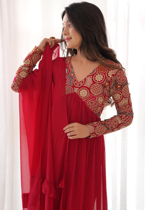 Buy Embroidered Georgette Abaya Style Suit in Red Online : KNR350 ...