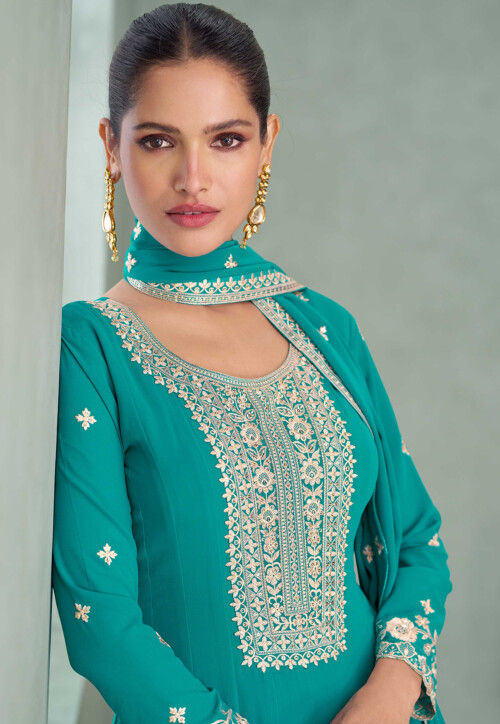 Buy Embroidered Georgette Abaya Style Suit in Teal Blue Online ...