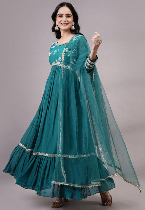 Buy Embroidered Georgette Abaya Style Suit in Teal Blue Online : KUR527 ...