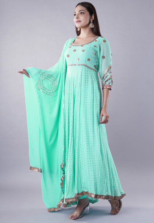 Buy Embroidered Georgette Abaya Style Suit in Turquoise Online ...