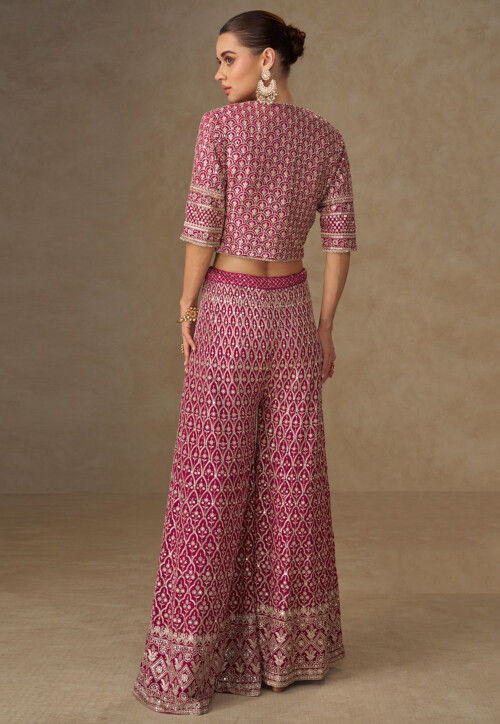 Buy Embroidered Georgette Crop Top Set in Fuchsia Online : TCH634 ...