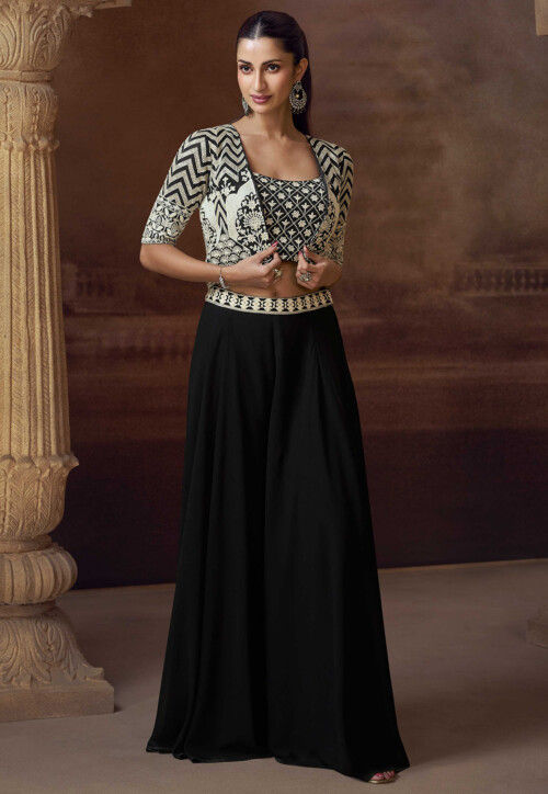 Buy Embroidered Georgette Crop Top Set in Black Online : TCH558 - Utsav ...