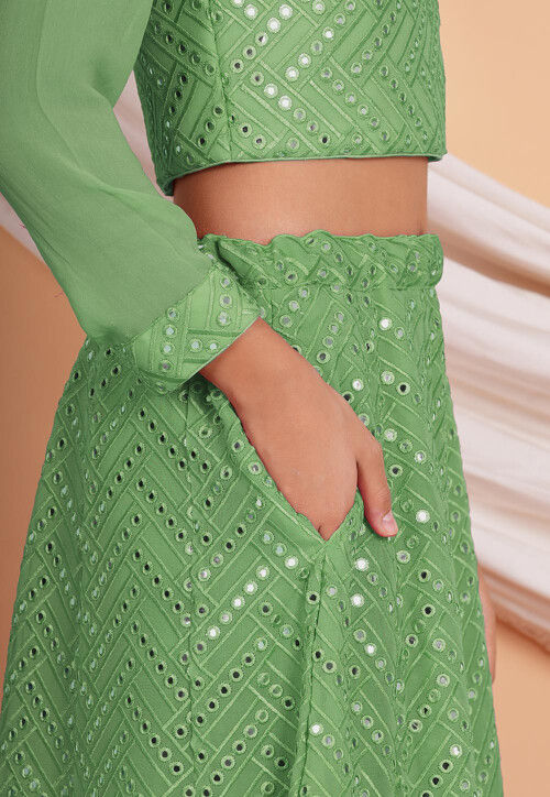 Buy Embroidered Georgette Crop Top Set in Light Green Online : UNJ2234 ...
