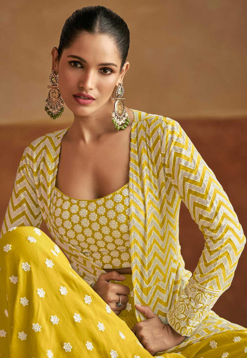 Buy Embroidered Georgette Crop Top Set in Mustard Online : TCH431 ...