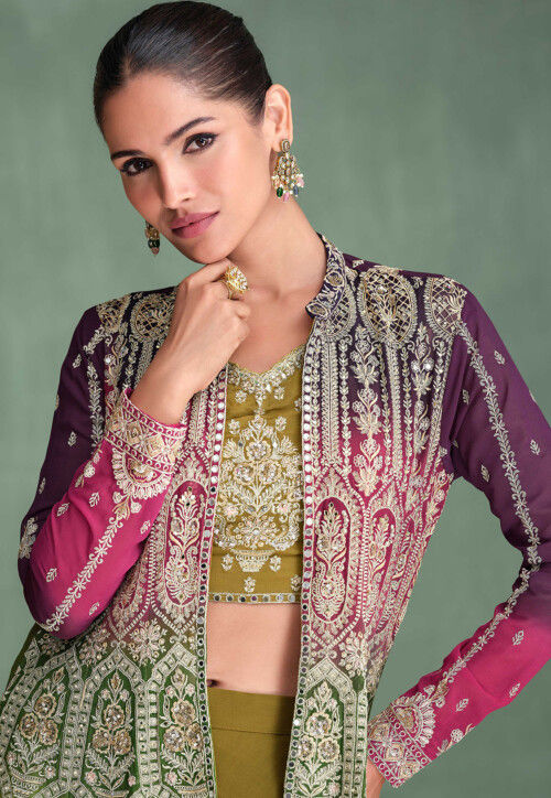 Buy Embroidered Georgette Crop Top Set in Olive Green Online : TCH453 ...