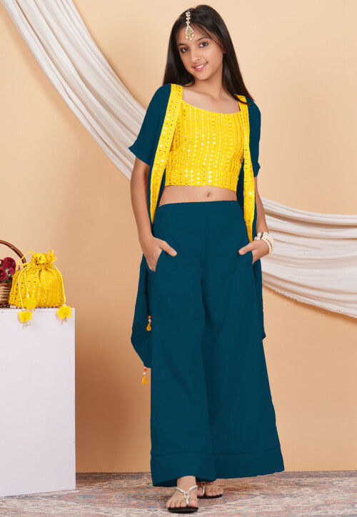 Buy Embroidered Georgette Crop Top Set in Yellow and Teal Blue Online ...