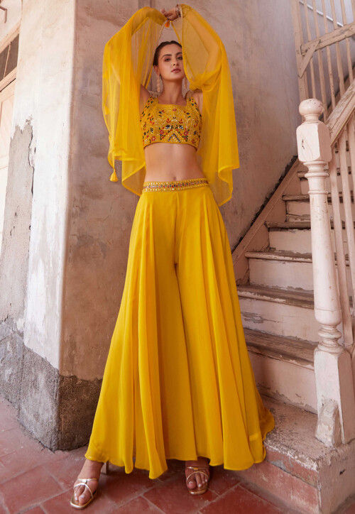 Buy Embroidered Georgette Crop Top Set in Yellow Online : TCH366 ...
