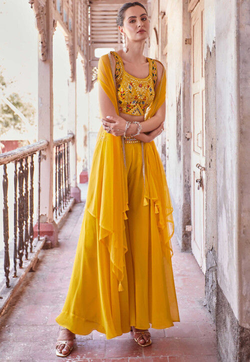 Buy Embroidered Georgette Crop Top Set in Yellow Online : TCH366 ...