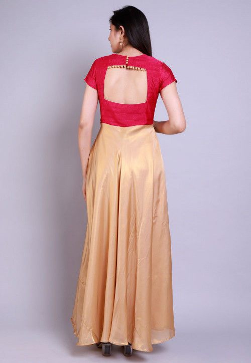 Buy Embroidered Georgette Deep Back Kurta in Golden and Pink Online ...
