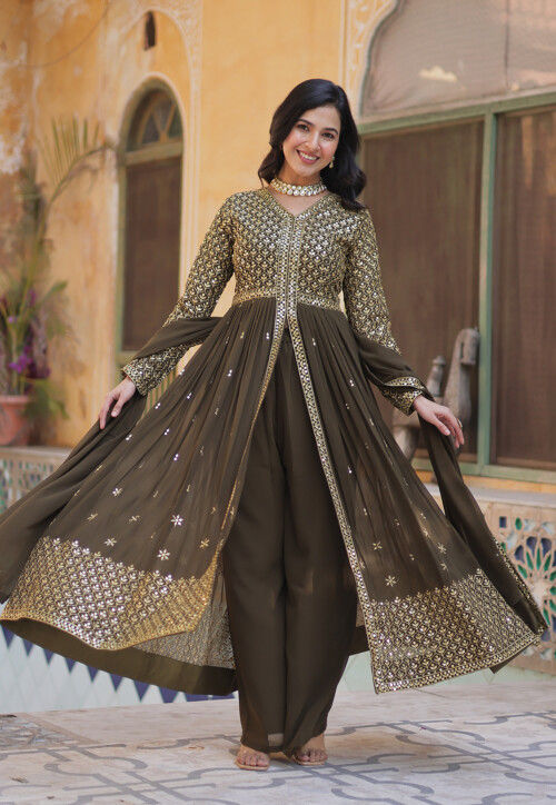Buy Embroidered Georgette Front Open A Line Suit in Brown Online ...