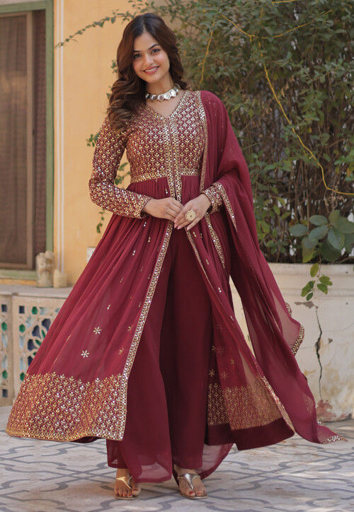 Buy Embroidered Georgette Front Open A Line Suit in Maroon Online ...