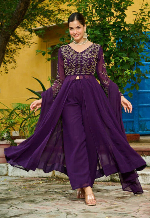 Buy Embroidered Georgette Front Open Anarkali Suit in Purple Online ...