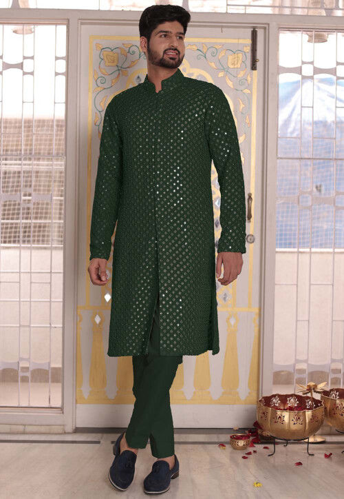 Buy Embroidered Georgette Front Open Kurta Set in Dark Green Online ...