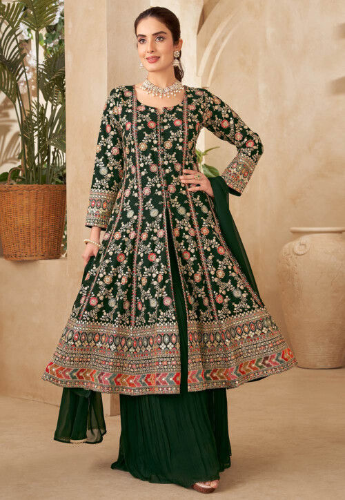 Buy Embroidered Georgette Front Slit Anarkali Suit in Dark Green Online ...