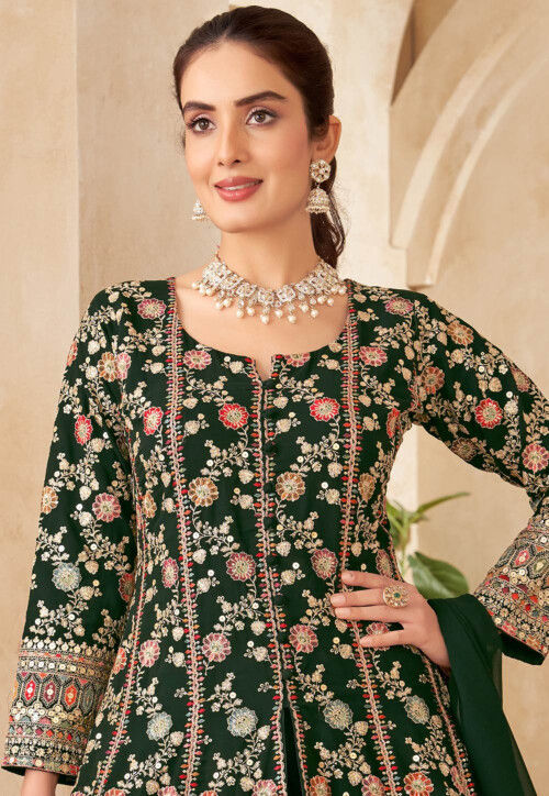 Buy Embroidered Georgette Front Slit Anarkali Suit in Dark Green Online ...