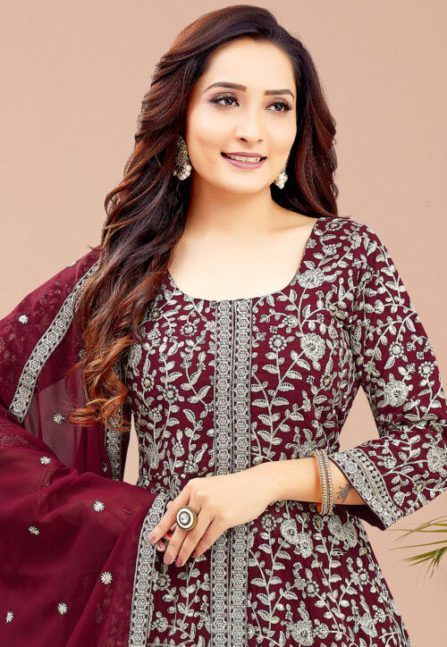 Buy Embroidered Georgette Front Slit Anarkali Suit in Maroon Online ...