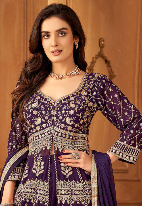Buy Embroidered Georgette Front Slit Anarkali Suit in Purple Online ...