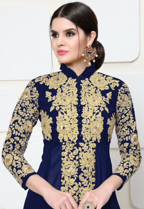 Buy Embroidered Georgette Front Slit Pakistani Suit in Navy Blue Online ...
