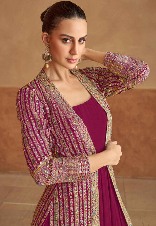 Buy Embroidered Georgette Gown with Jacket in Pink Online : TCH501 ...