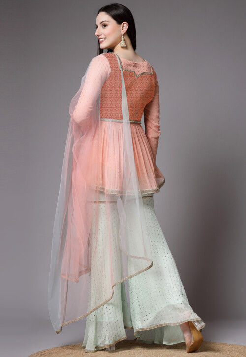 Buy Embroidered Georgette Jacket Style Pakistani Suit in Peach Online ...