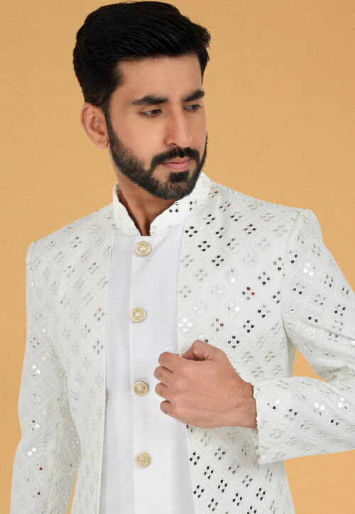 Buy Embroidered Georgette Jacket Style Sherwani in White Online ...
