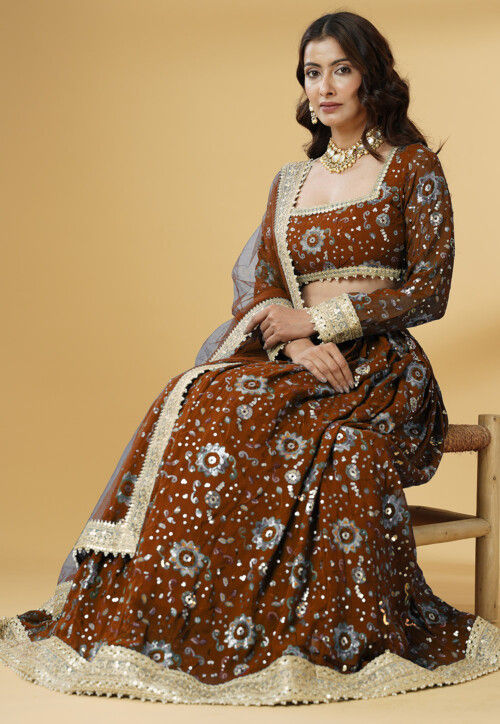 Buy Embroidered Georgette Lehenga in Brown Online : LUFC20 - Utsav Fashion