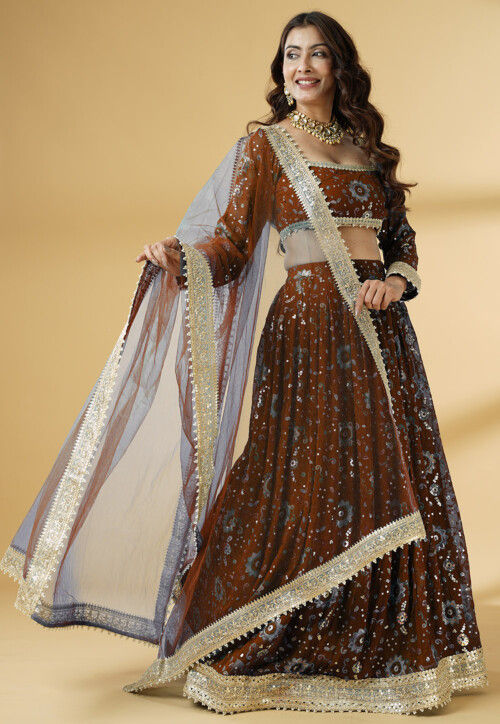 Buy Embroidered Georgette Lehenga in Brown Online : LUFC20 - Utsav Fashion