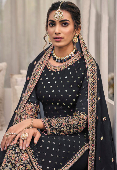 Buy Embroidered Georgette Pakistani Suit in Black Online : KRD485 ...